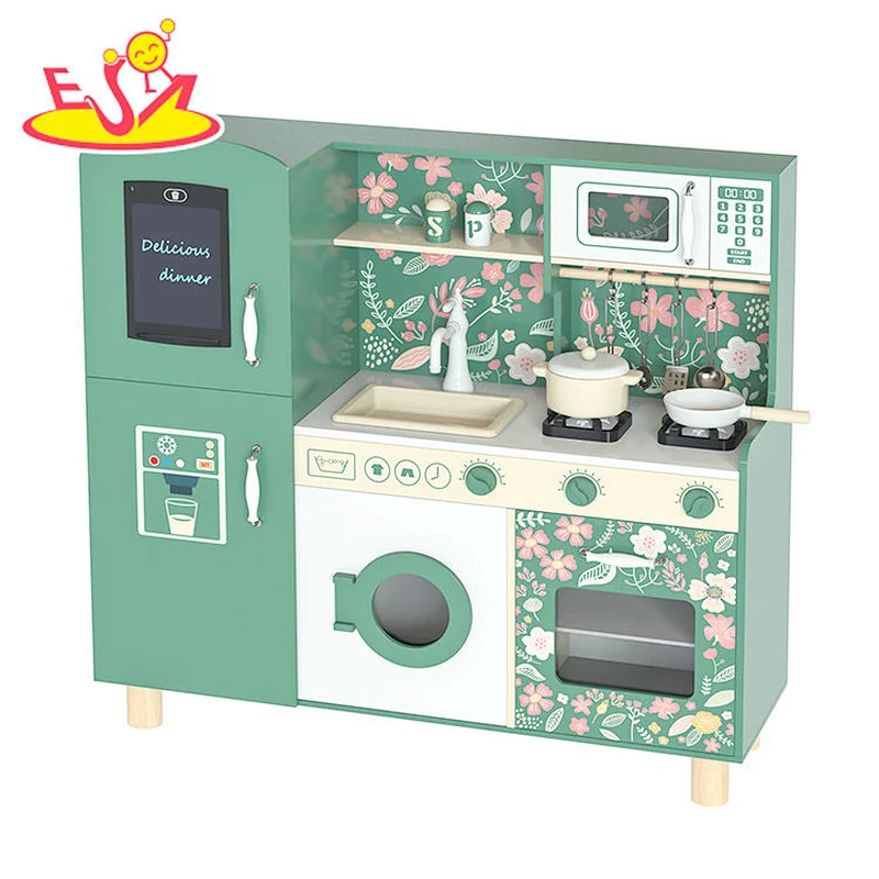 New Design Cooking Pretend Play Modern Green Wooden Kitchen Toy For ...