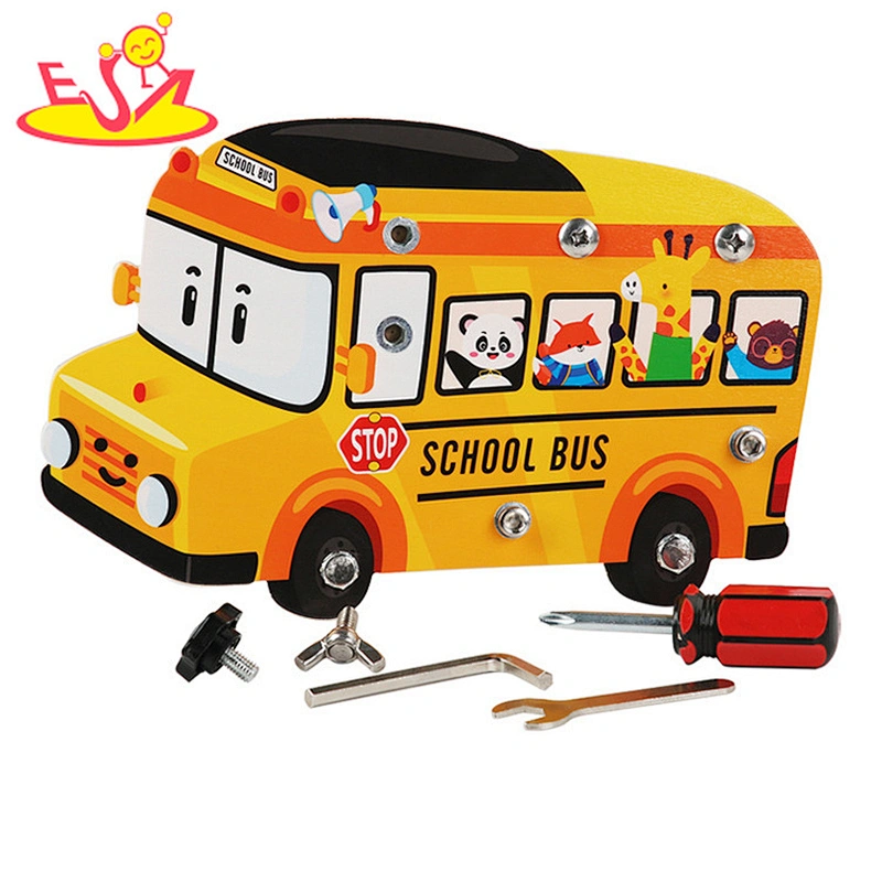 New Educational Assembly Screw Nut Toy Bus Shape Wooden Busy Board For ...