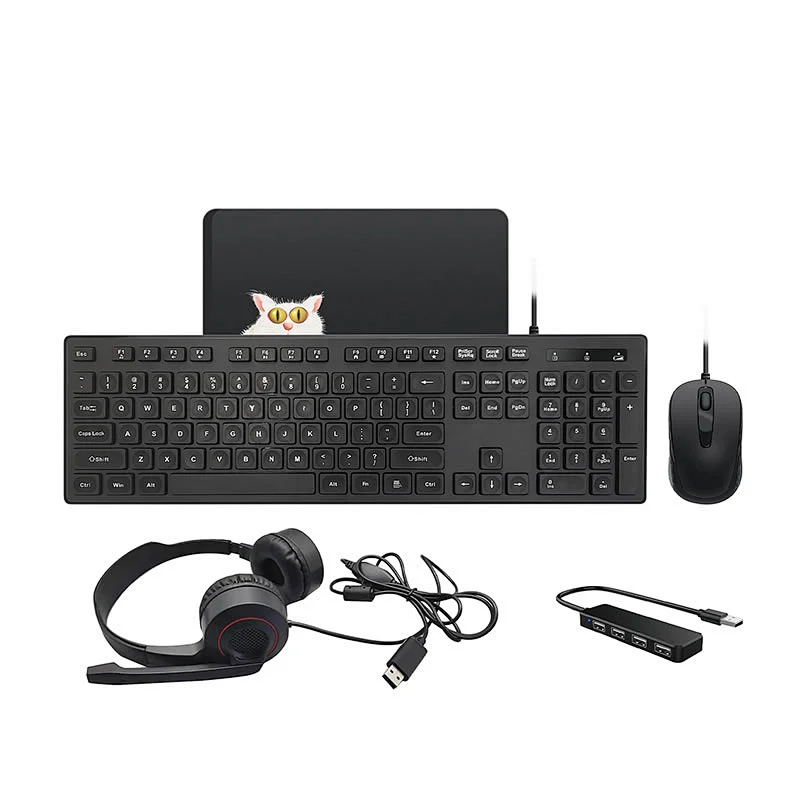 5 in 1 Wired Keyboard Mouse Headset Mouse Pad HUB Combos For Office And ...