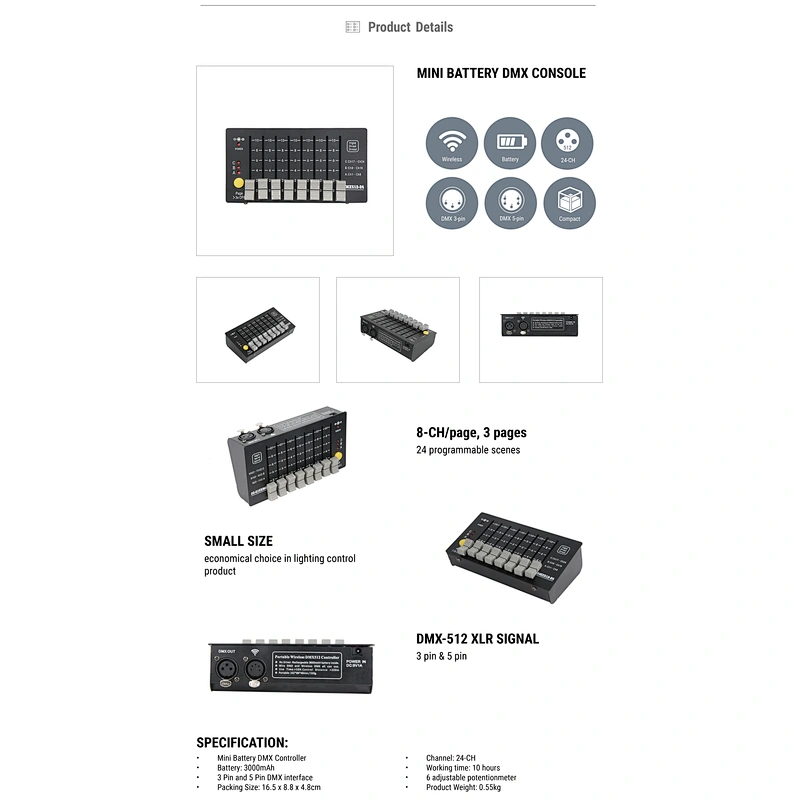 HAPPINESS Battery DMX Console 24 Channels Mini DMX Controller Stage ...