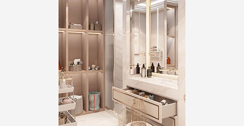 Chic Bathroom With Floor-To-Ceiling Cubbies | TONA Bath