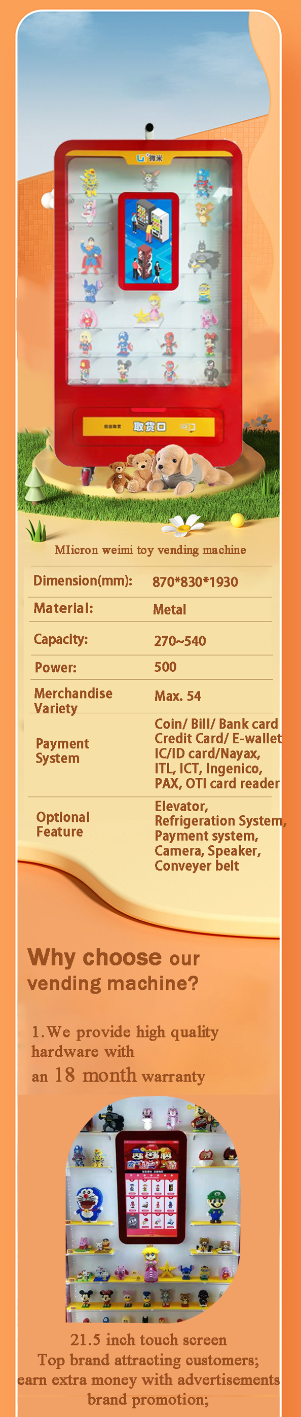 Toy Vending Machine with Display Case for Shopping Center