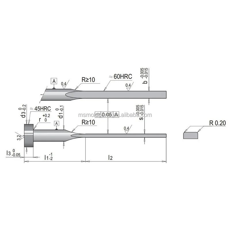Blade ejector pin with extra long blade , - Donguan MS Mold Parts Co.,Ltd