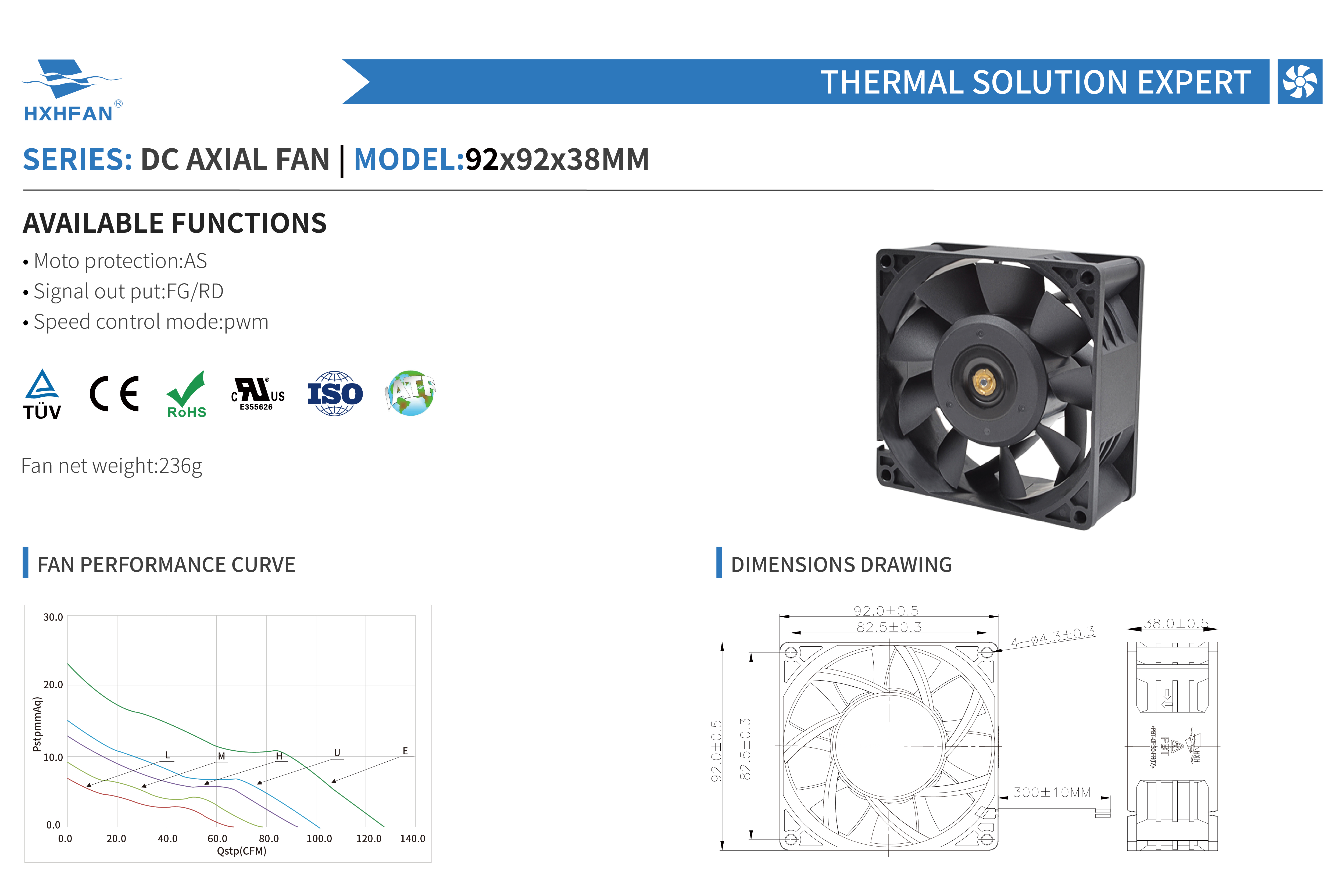 DC axial fan 92x92x38mm