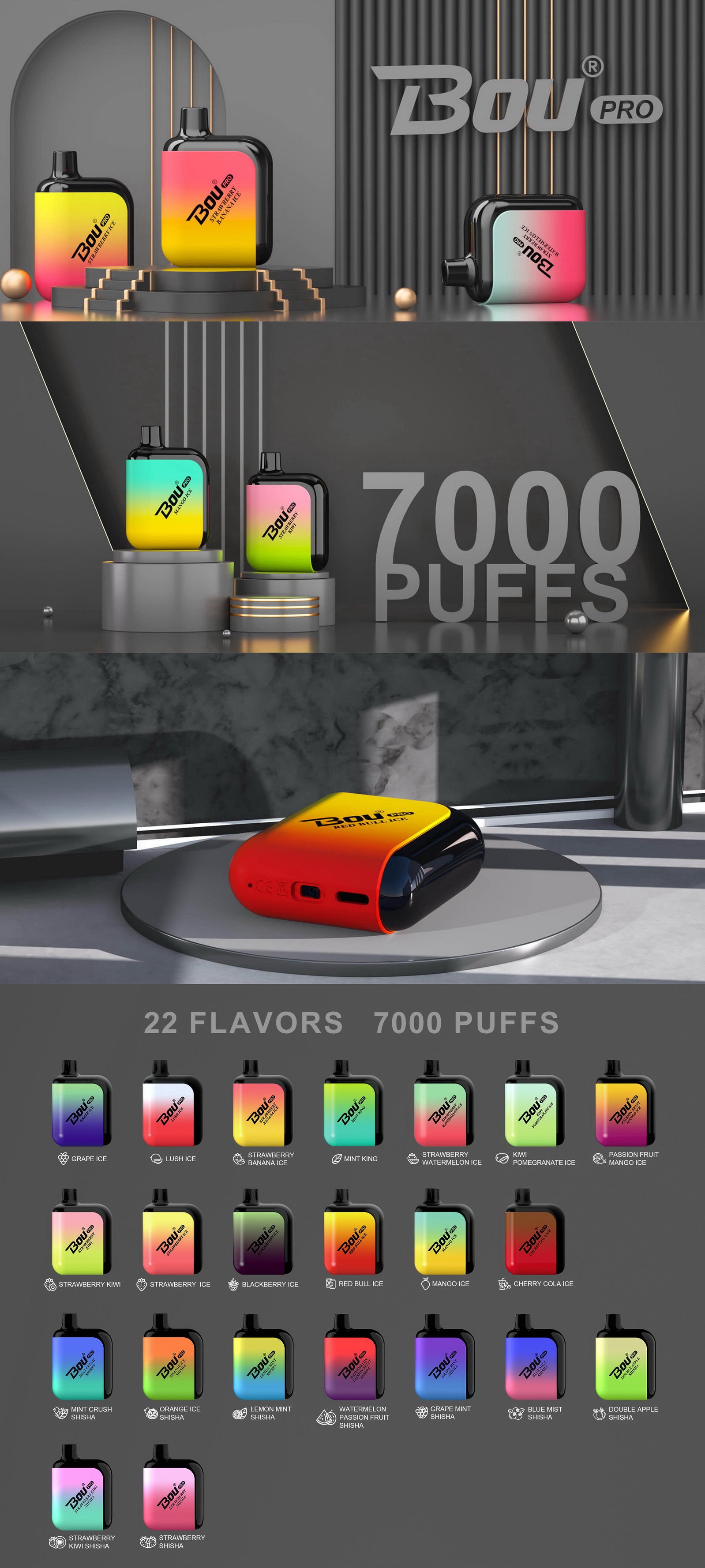 Bou Pro 7000 Puff Crystal Disposable Vape - 7000 Puffs, Mesh Coil, 13 ...