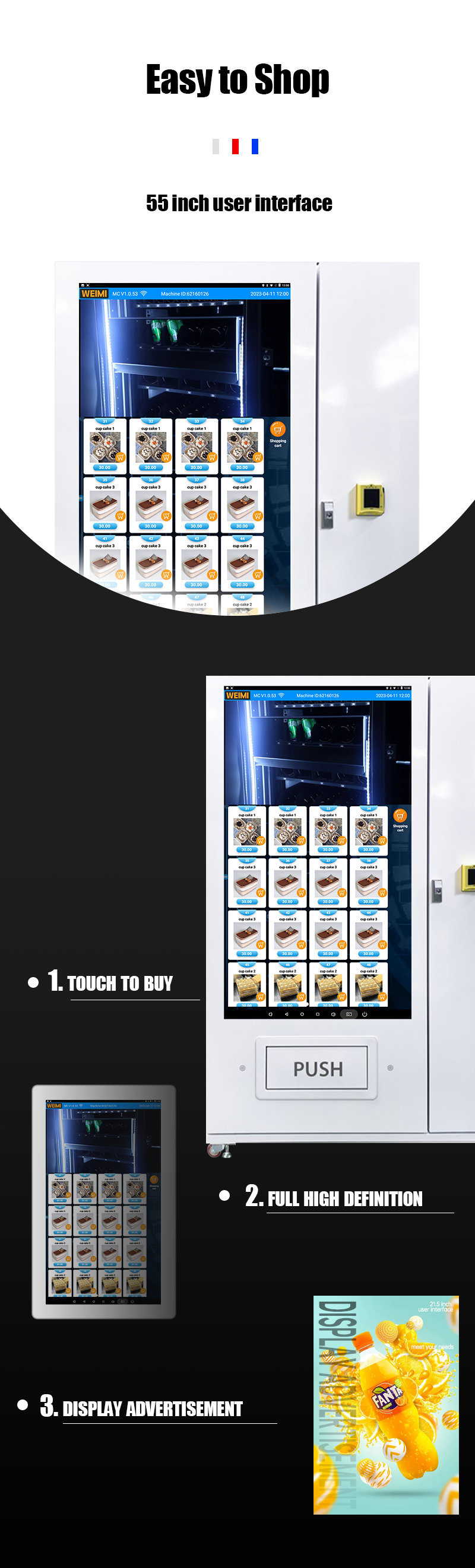 Full-screen snack drink vending machine optional payments