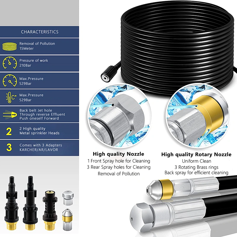 Premium pipe cleaning hose set drain cleaner 15m, 200 bar incl. 3 ...
