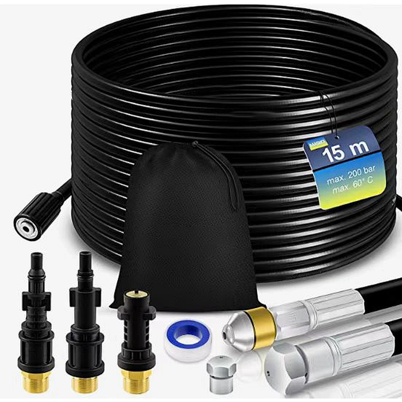 Premium pipe cleaning hose set drain cleaner 15m, 200 bar incl. 3 ...