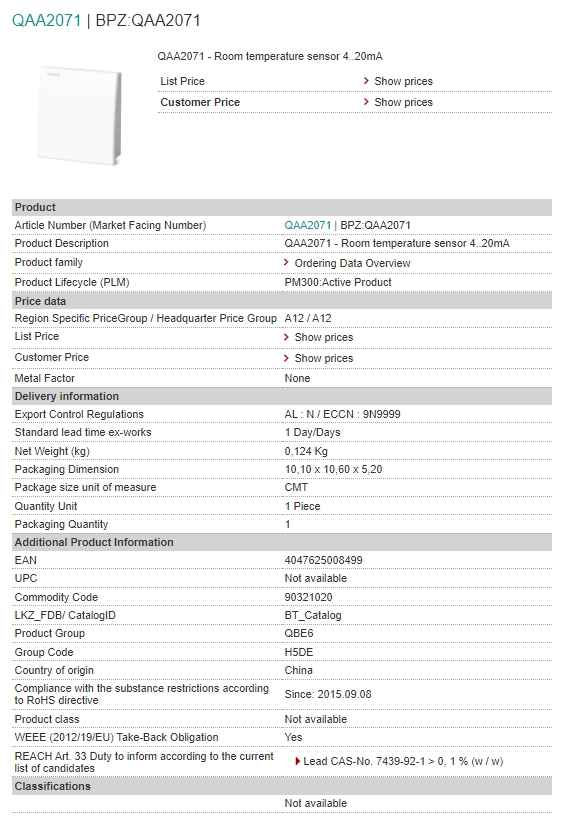 QAA2071 temperature sensor room temperature sensor China Supplier