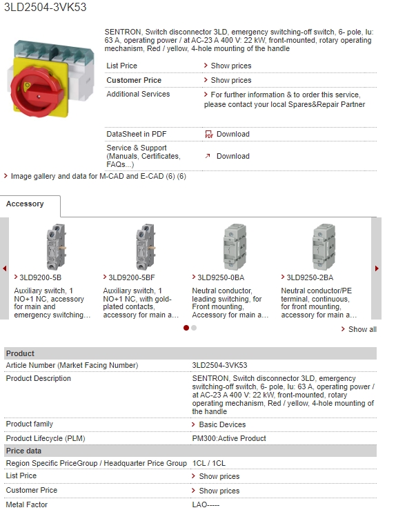 3LD2504-3VK53 emergency switching-off switch disconnecting switches ...