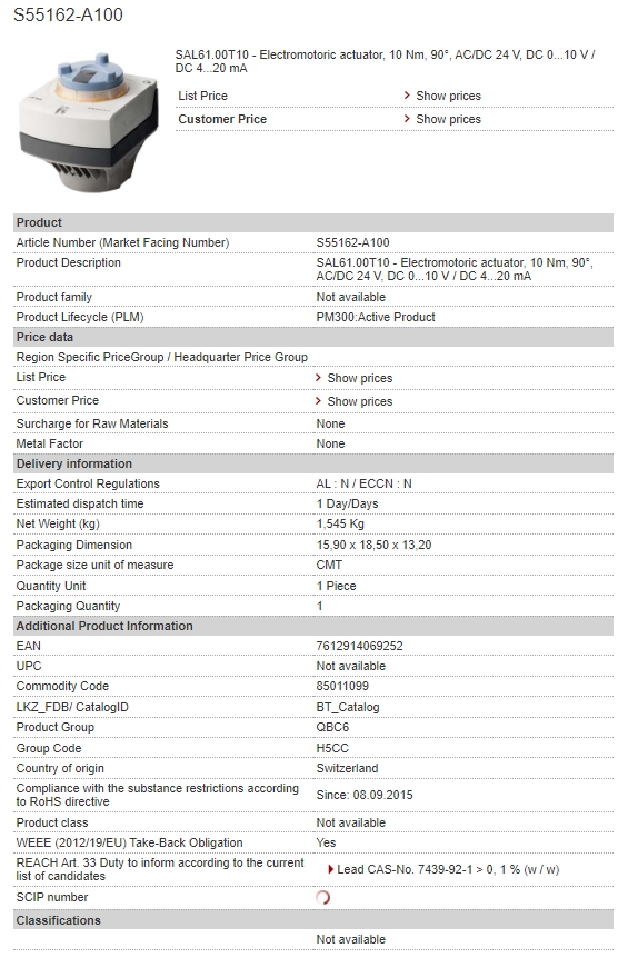 S55162-A100 siemens valve actuators eletric actuator China Supplier